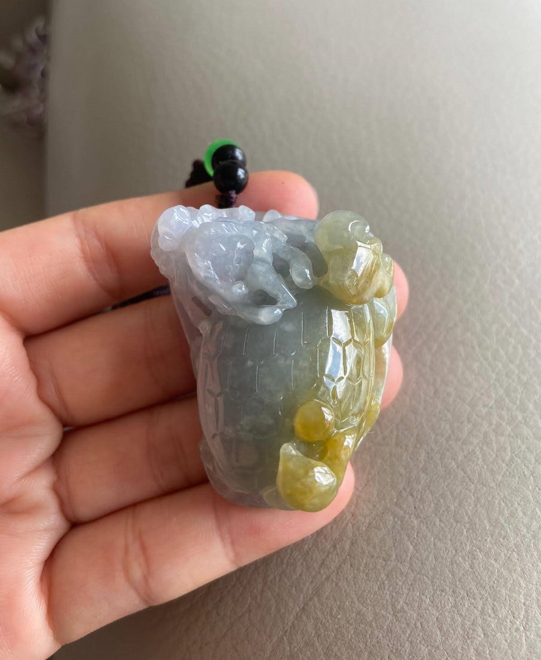 Chinese Dragon Turtle (龍龜) Jadeite Jade Pendant, Green & Yellow Brown ...