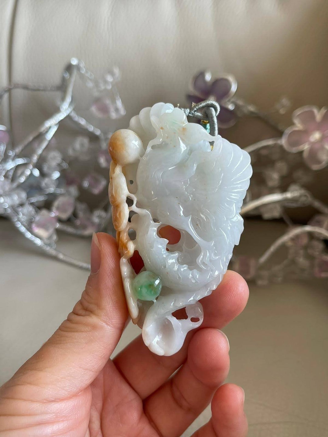 Chinese Phoenix Jadeite Jade Pendant, Light Green and Yellow Brown ...