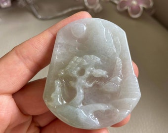 Carved Landscape Jadeite Jade Pendant, Chinese Style Scenery, Bridge ...