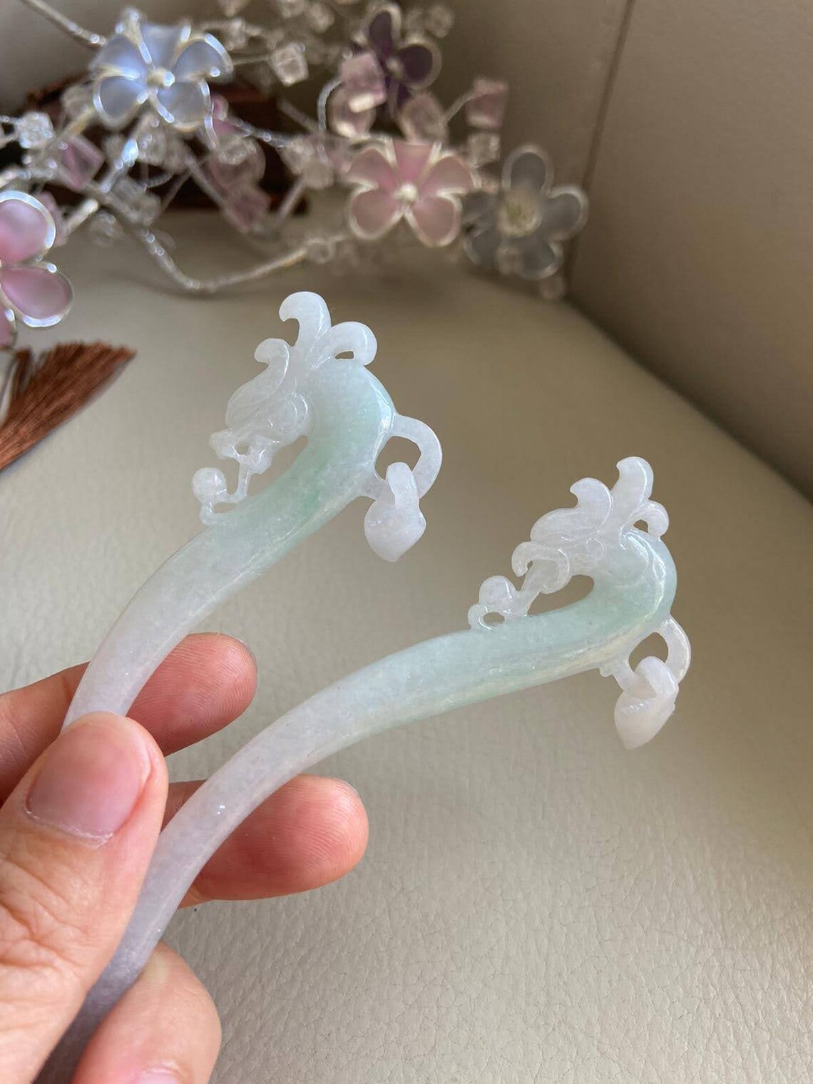 Carved Jadeite Hair Pin with Chinese Dragon and Phoenix Light | Etsy