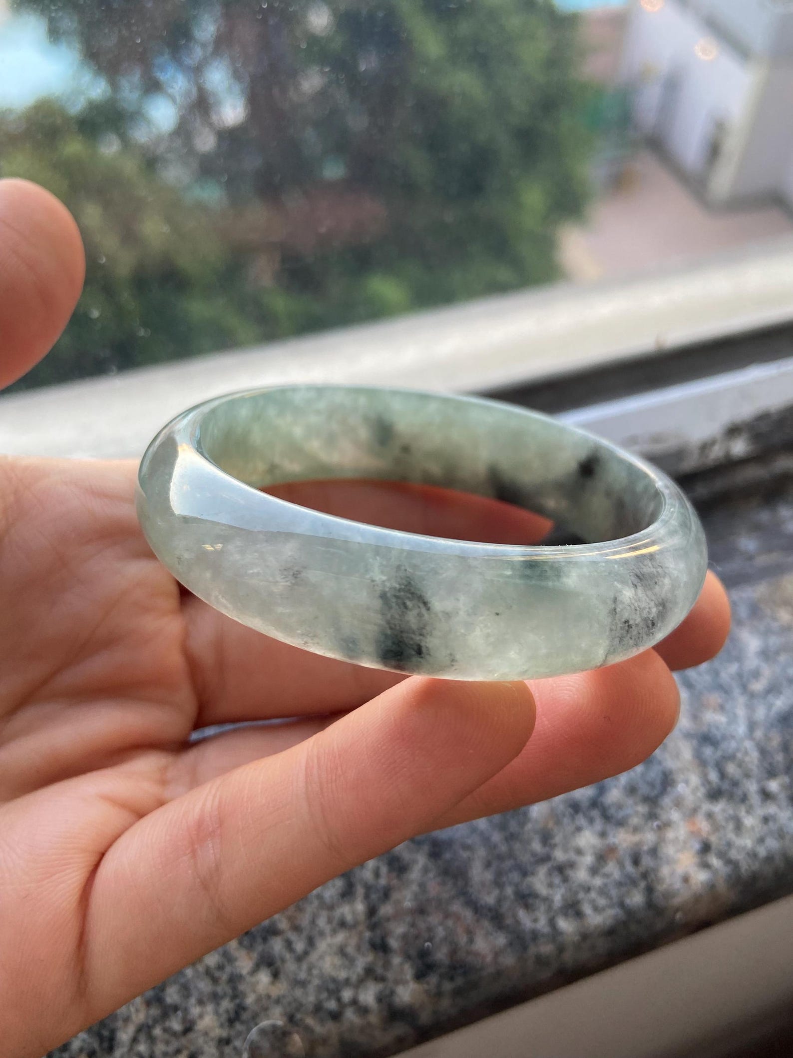 Jade Bangle 50.0mm (1.97"), Oval Shape, Smoky Gray & Green, Natural ...
