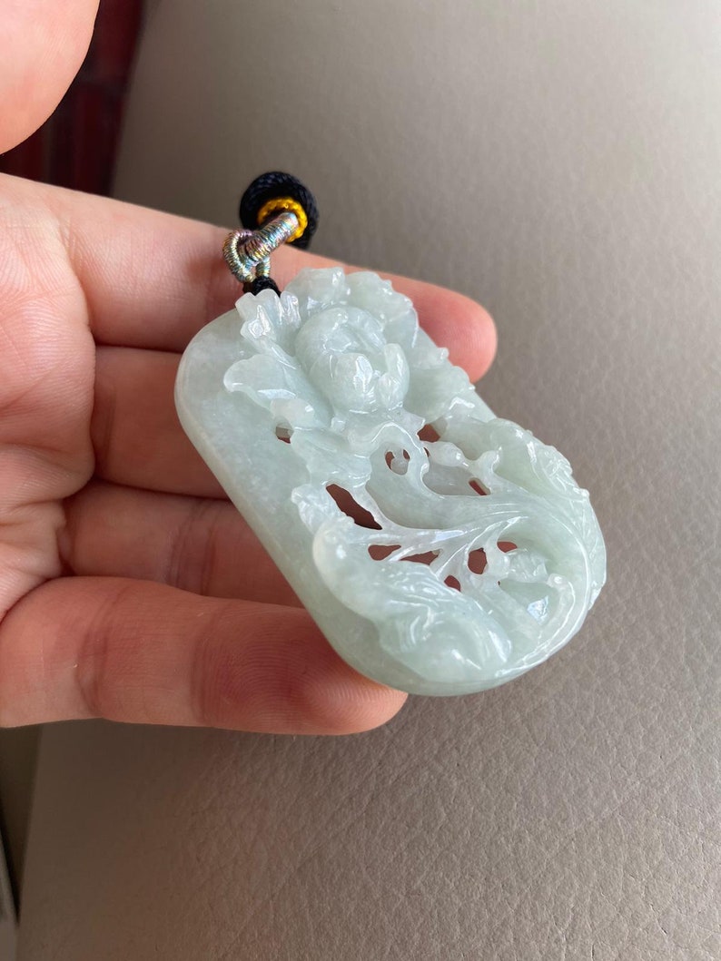 Flower & Bird Jadeite Jade Pendant, Light Green, Natural Grade A Jade ...