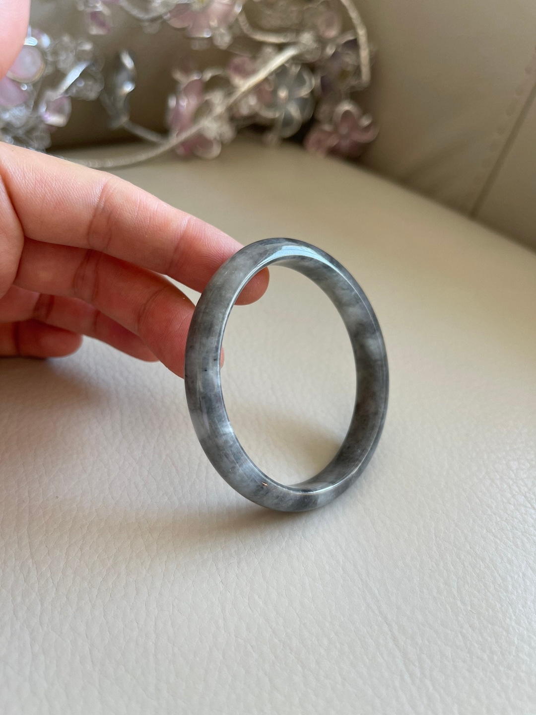 Jade Bangle 52.0mm (2.05"), Icy Translucent Smoky Gray Bangle in Oval ...
