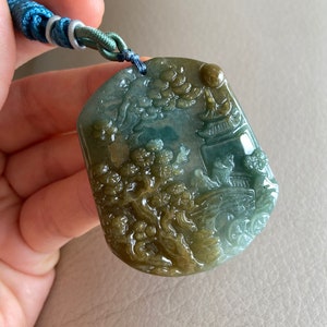 Carved Landscape Jadeite Jade Pendant, Green & Yellowish Brown, Bridge ...