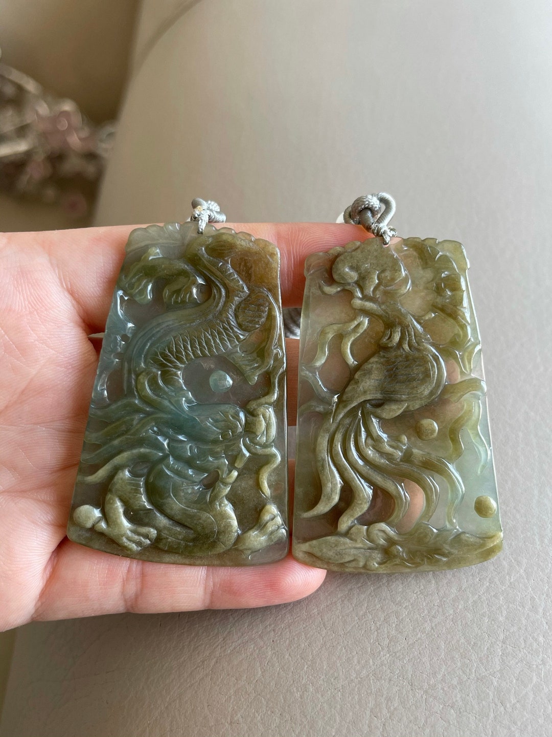 Chinese Dragon and Phoenix Jadeite Jade Pendants, Pair, Light Green ...