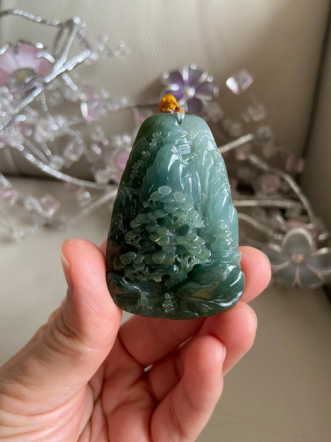 Carved Landscape Jadeite Jade Pendant, Light Green, Bridge Mountain ...