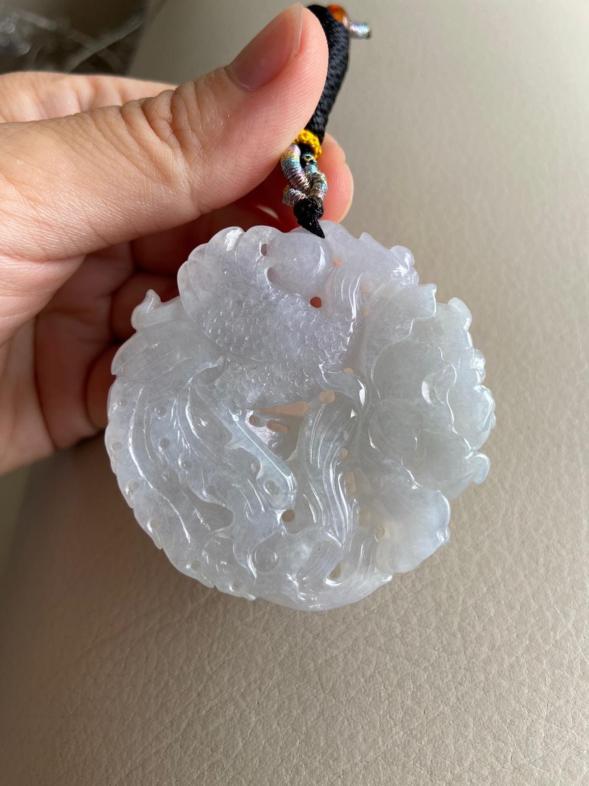 Chinese Phoenix & Flower Jadeite Jade Pendant, Light Green, Natural ...