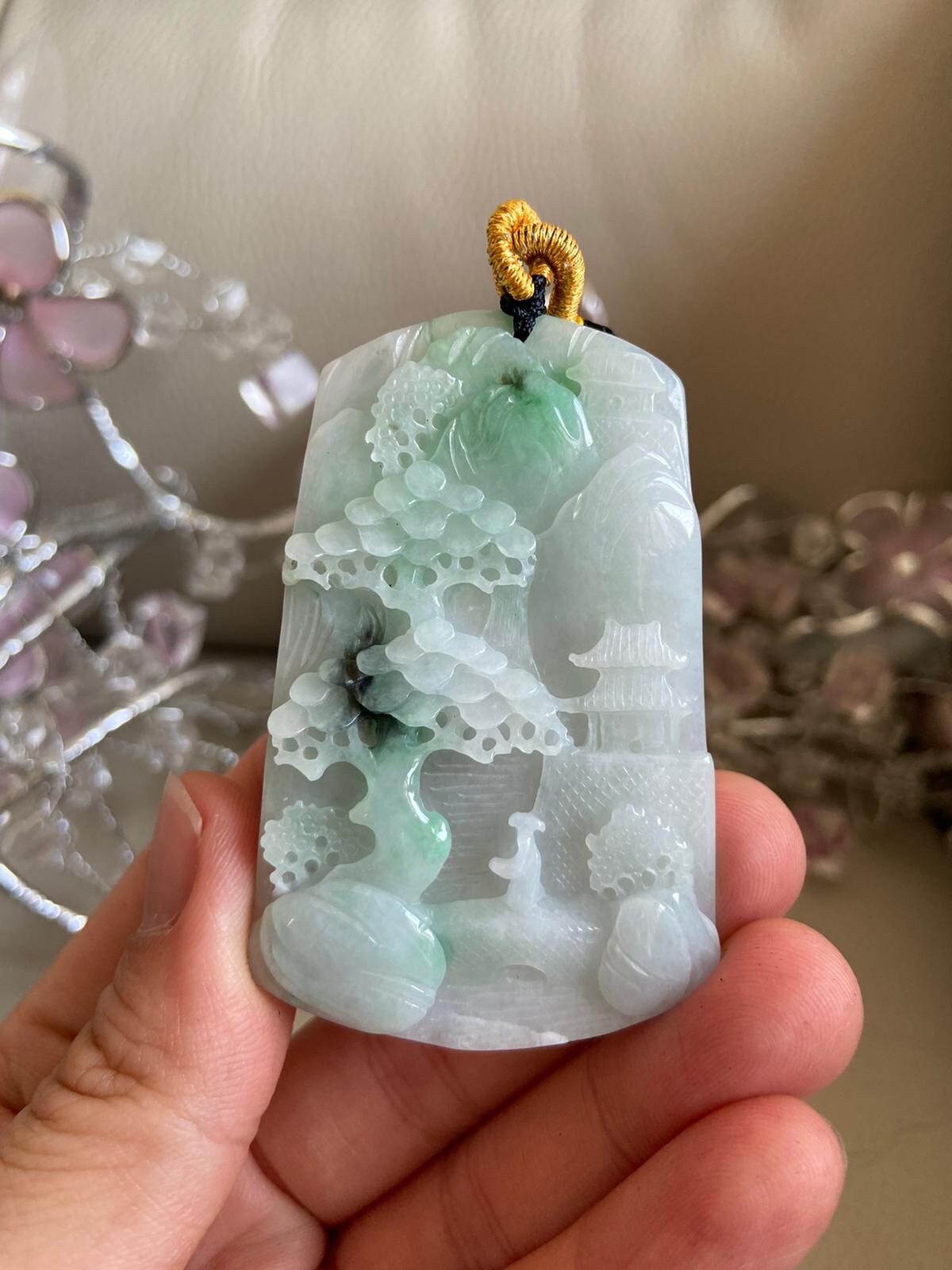 Carved Landscape Jadeite Jade Pendant, Chinese Style Scenery, Bridge ...