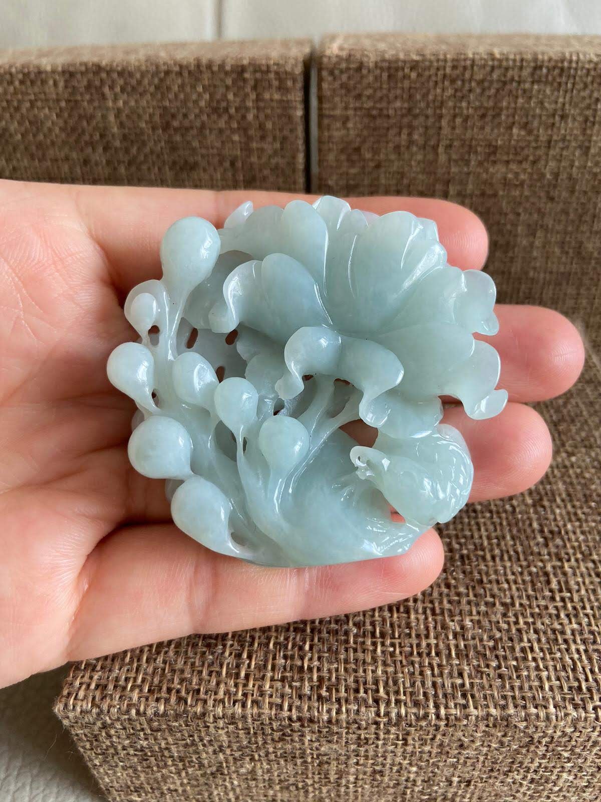 Beaming Bird and Flower Jadeite Jade Statue, Light Green, Untreated ...