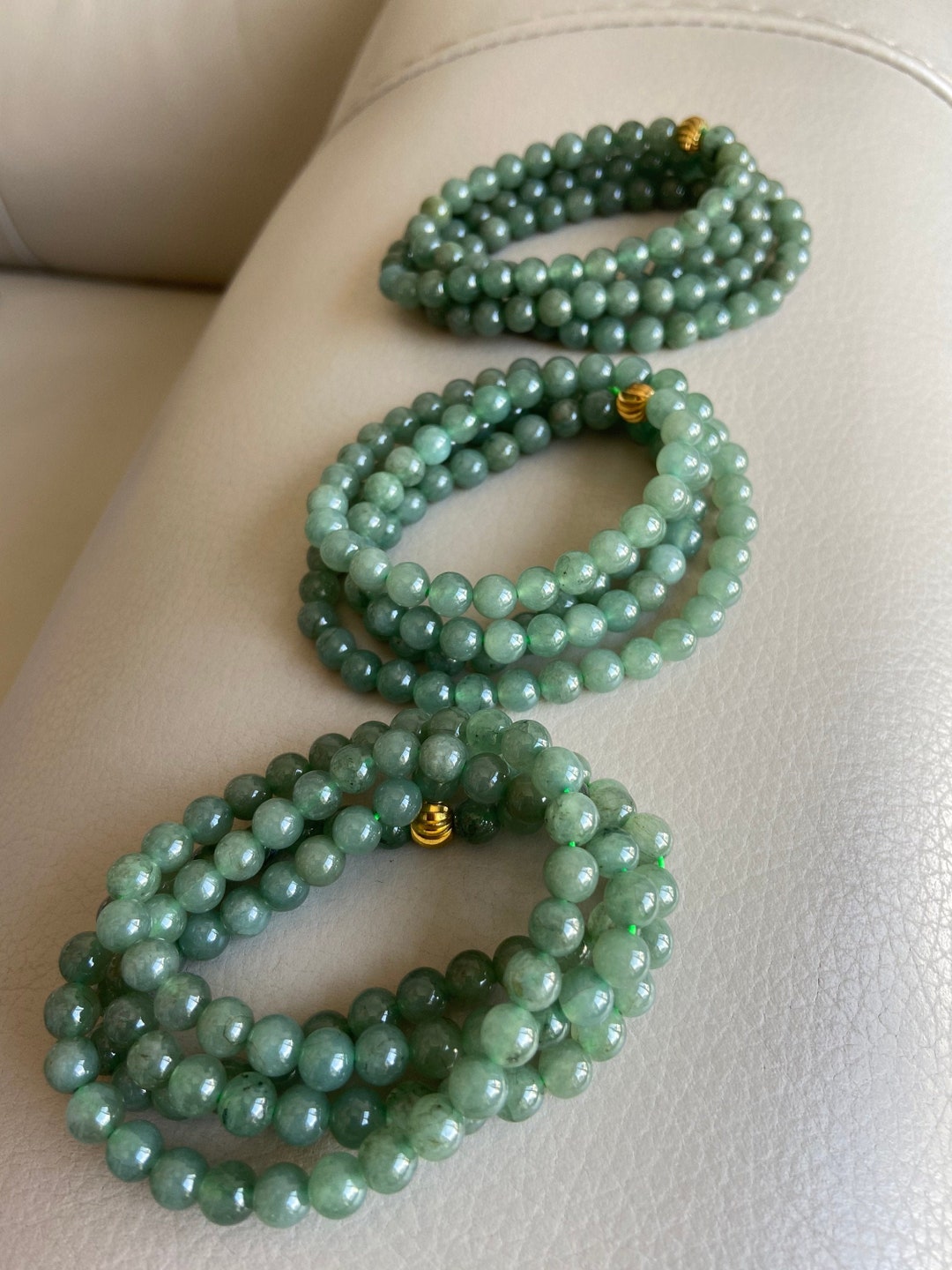 Jadeite Beaded (6.8mm) Necklace Bracelet, Green, 108 Beads, Natural ...