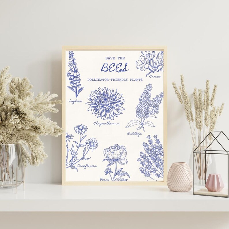 Pollinator Friendly Plants Art Print | Botanical Wall Art | Bee ...