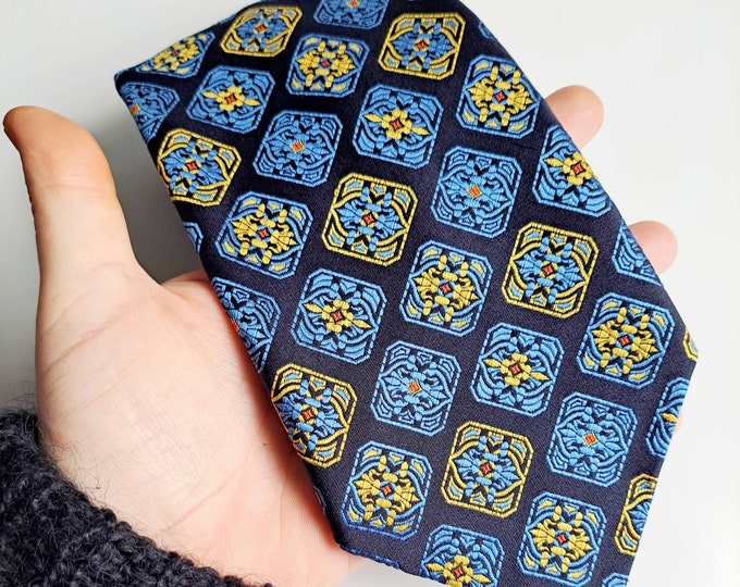 Vintage 1970s Blue and Yellow Ornate Pattern Te. Original 70s Necktie ...