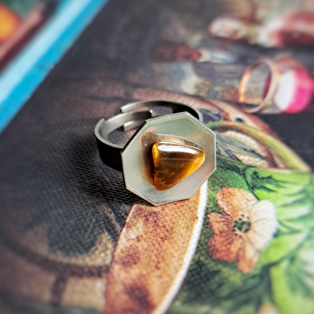 Vintage 70s Stainless Steel Octagon Ring With a Tigers Eye Stone Centre ...