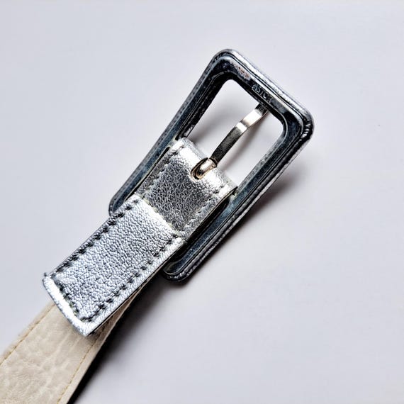 Silver 1980s wide V shaped belt. Vintage imitation le… - Gem