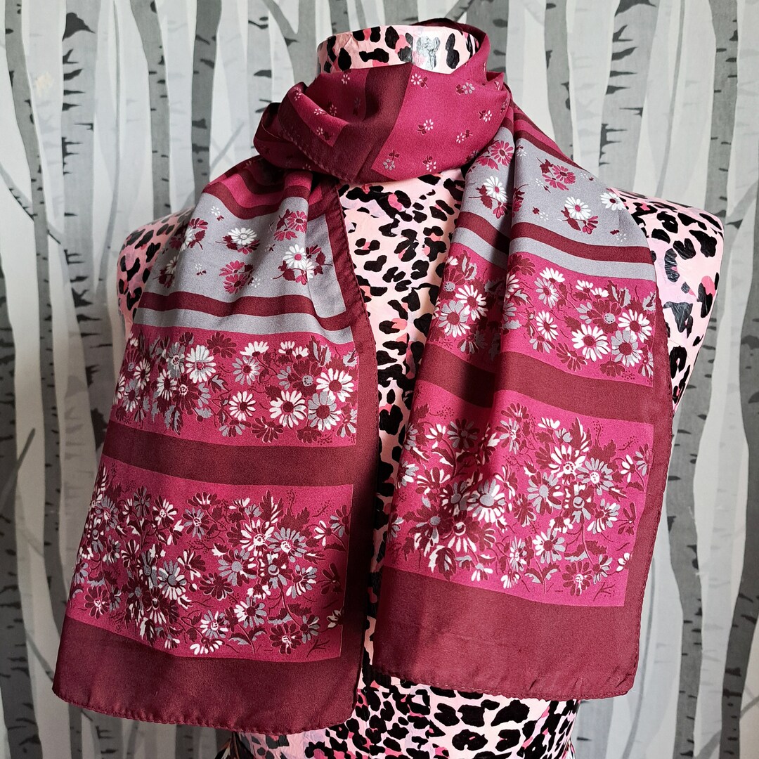 Vintage 1970s Burgundy, Pink and Grey Coloured Scarf With a Groovy ...