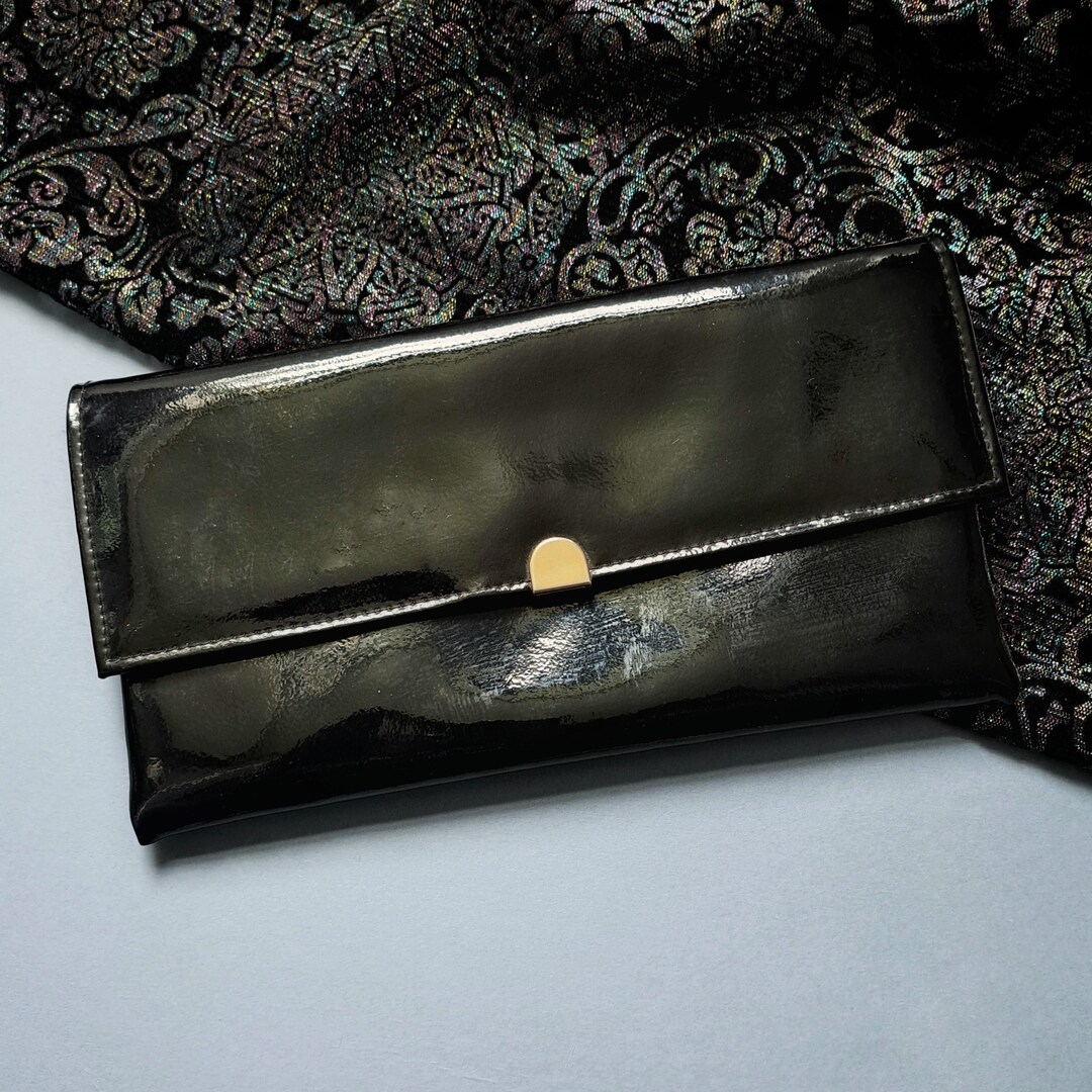 Vintage 80s High Gloss Black Patent Envelope Clutch Bag and a Removable ...