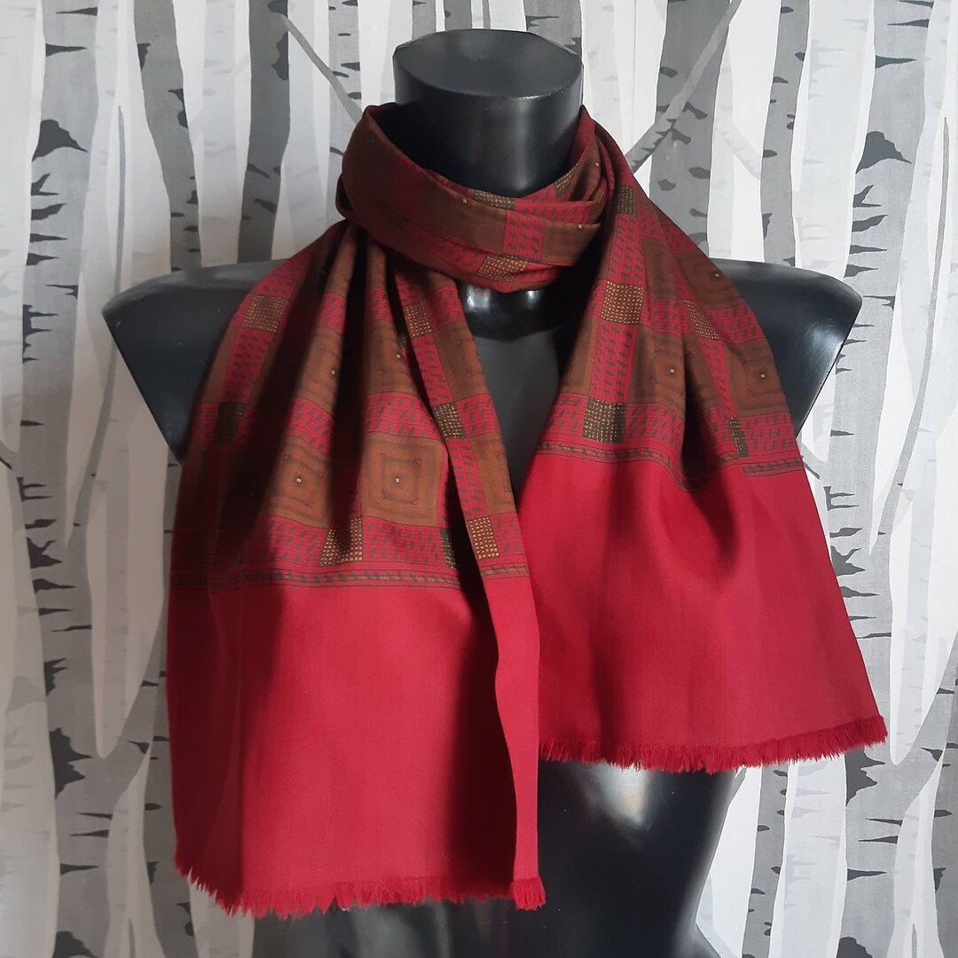 Vintage 1970s Scarf. Ornate Square Print Scarf in a Rich Blood Red and ...