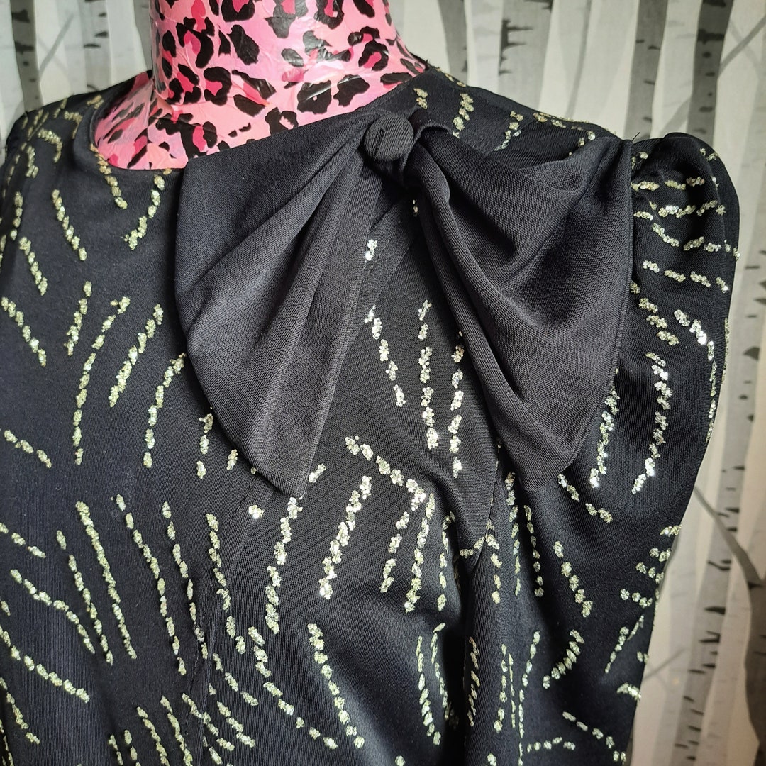 Vintage Black and Silver 80s Glitter Dress With a Big Shoulder Bow ...