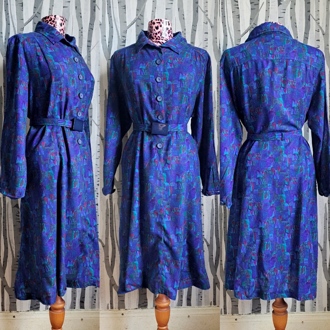 1970s Blue and Pink Abstract Painterly Pattern Vintage Day Dress. 70s ...