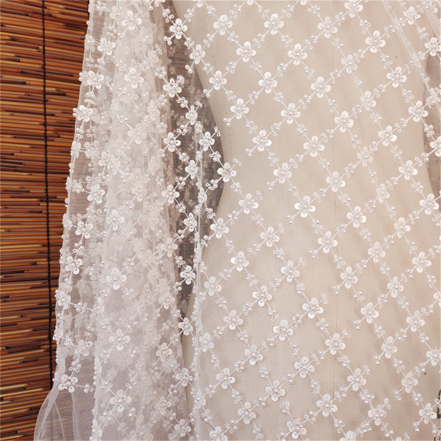Grid Lace Fabric With Sequin Pearl Embroidery Applique Trims for Bridal ...