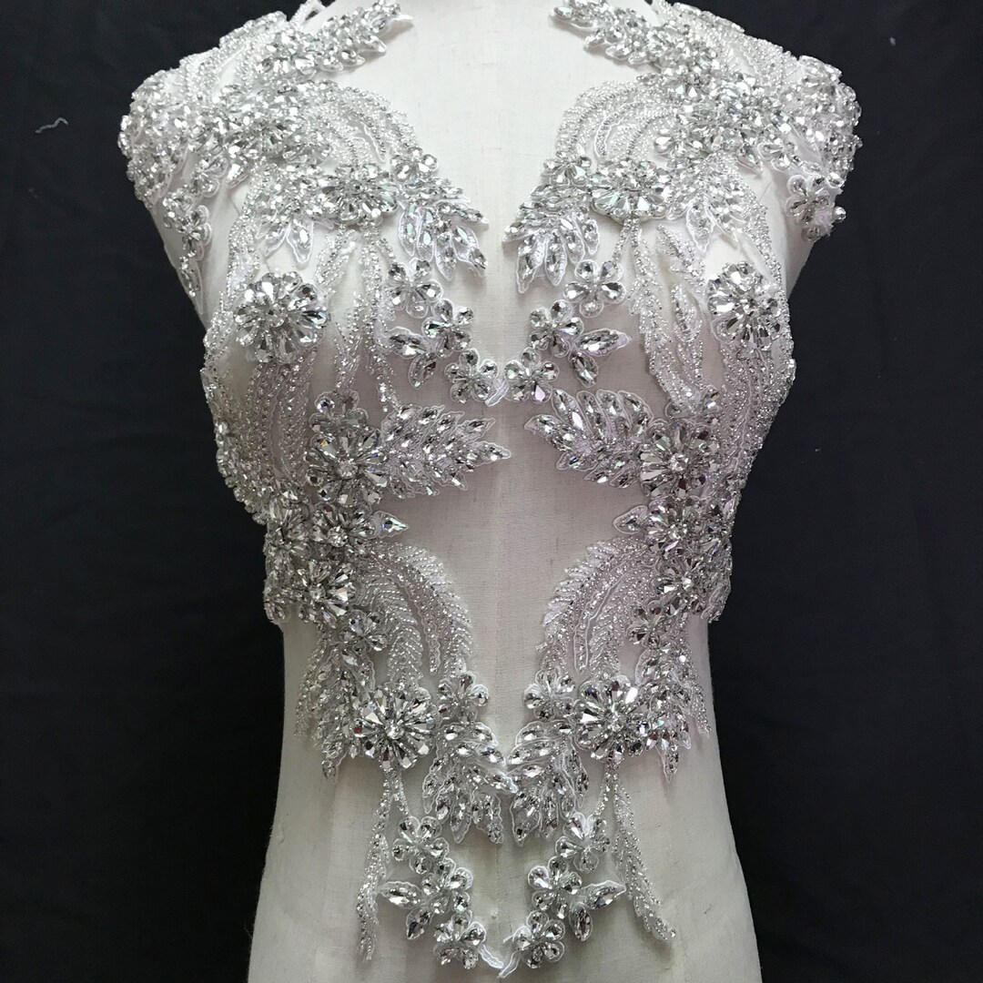 Bodice Rhinestone Applique Heavy Beads Diamante Lace Patch for Bridal ...
