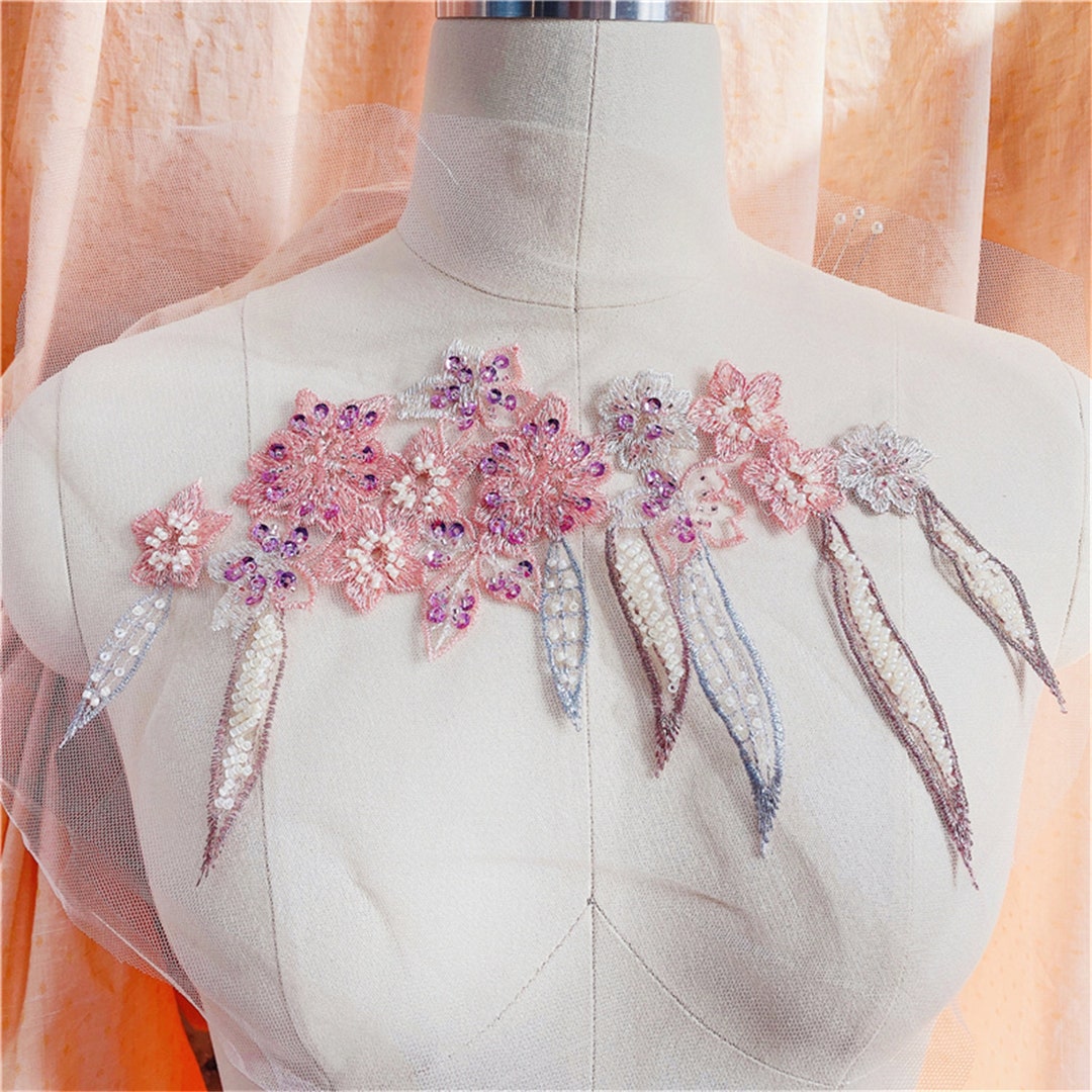 Floral Lace Applique Lace Patch With Sequin Beads for Bridal Couture ...