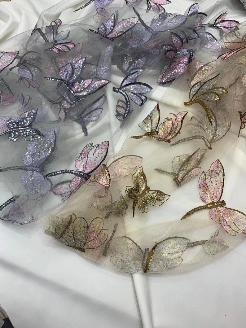 4 Colors Dragonfly Lace Fabric Sequin Tulle Lace Mesh for Girl Dress ...