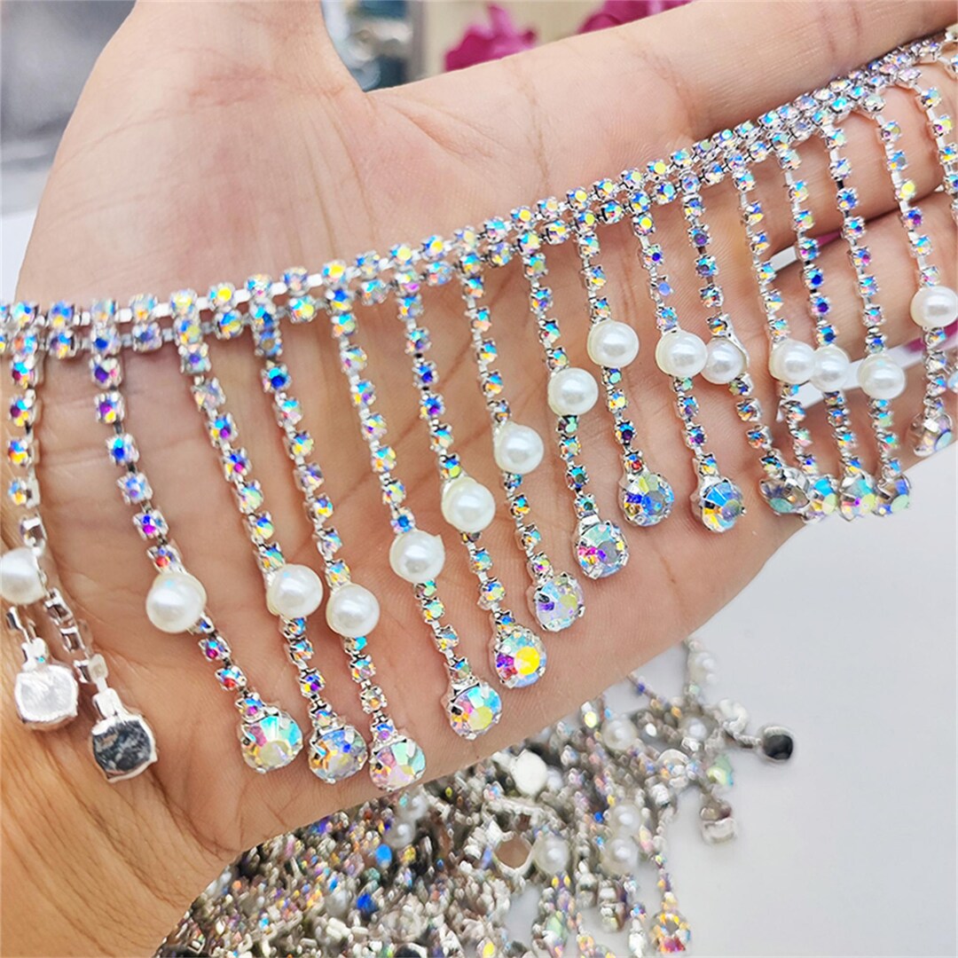 Dangling Rhinestone Trim With Pearl Tassel Drape Fringe Trim for Bridal ...