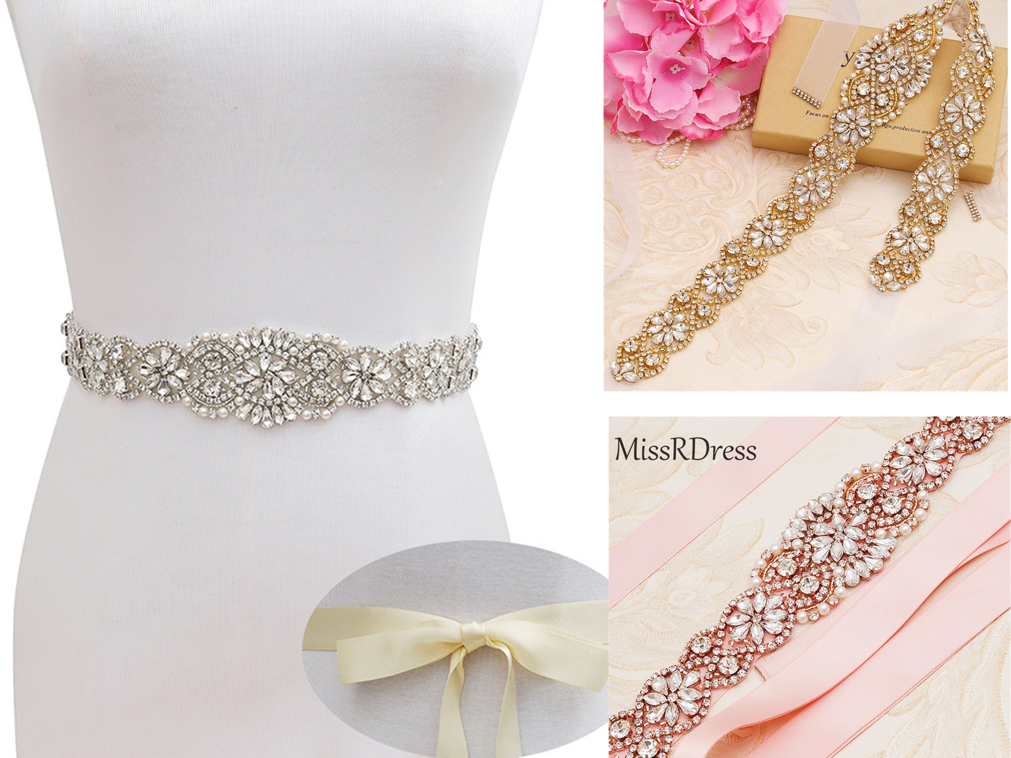 Sparkling Rhinestone Bridal Sash with Ribbons Rhinestone Trim | Etsy