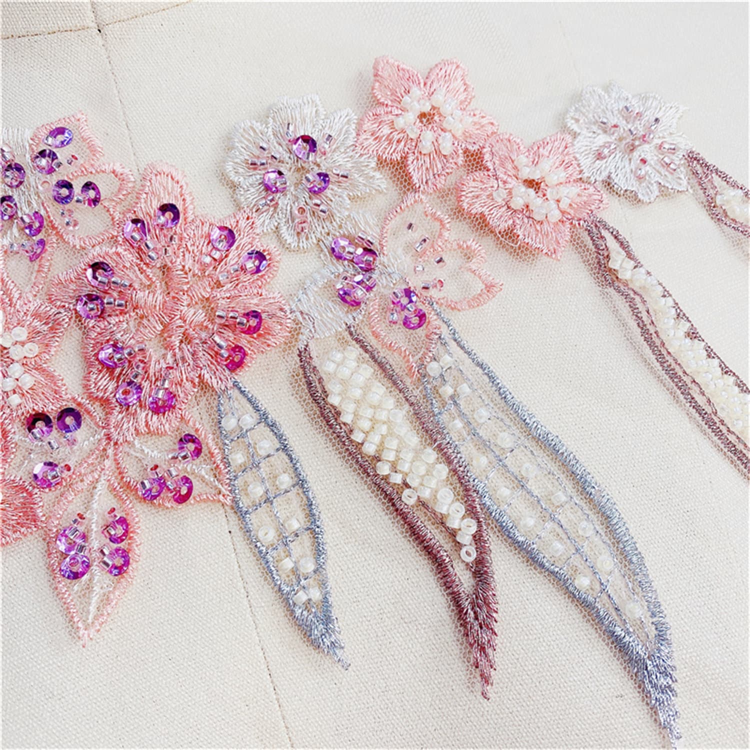 Floral Lace Applique Lace Patch With Sequin Beads for Bridal Couture ...