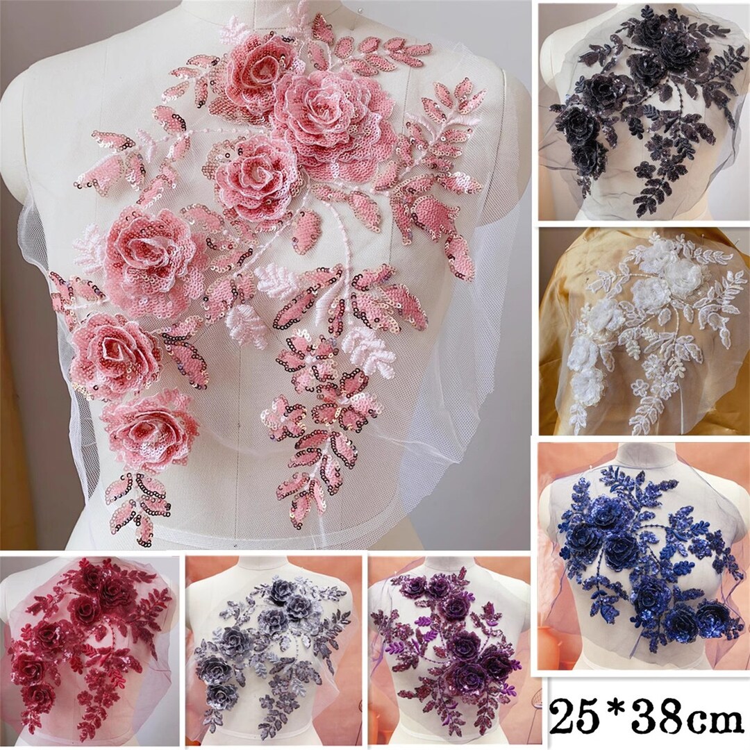 7 Colors Lace Applique 3D Flower Embroidery Lace Patch With Sequins for ...
