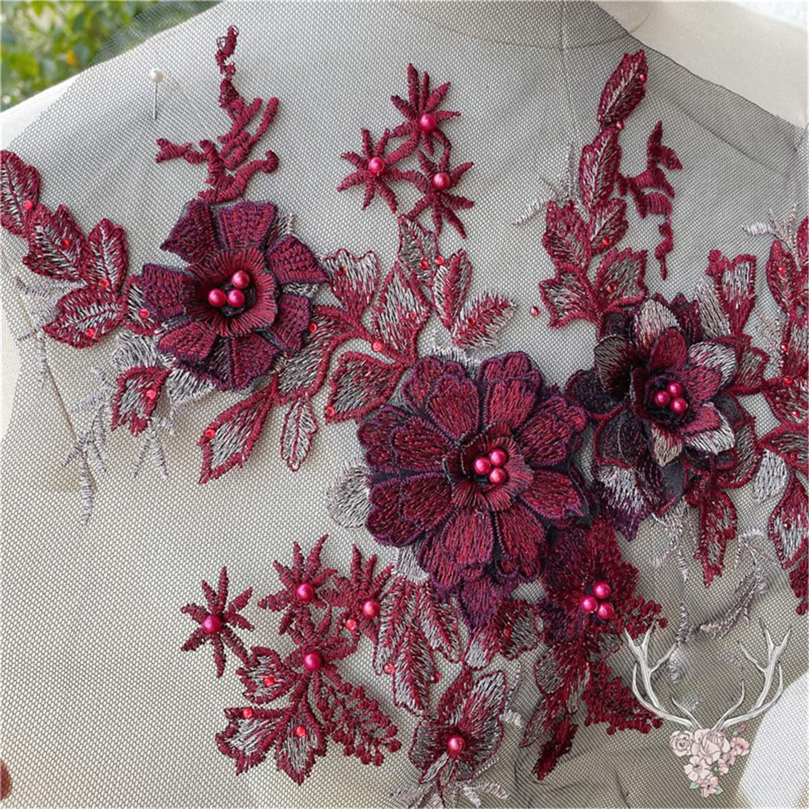 8 Colors Lace Applique 3D Flower Embroidery Lace Patch With Beads Pearl ...