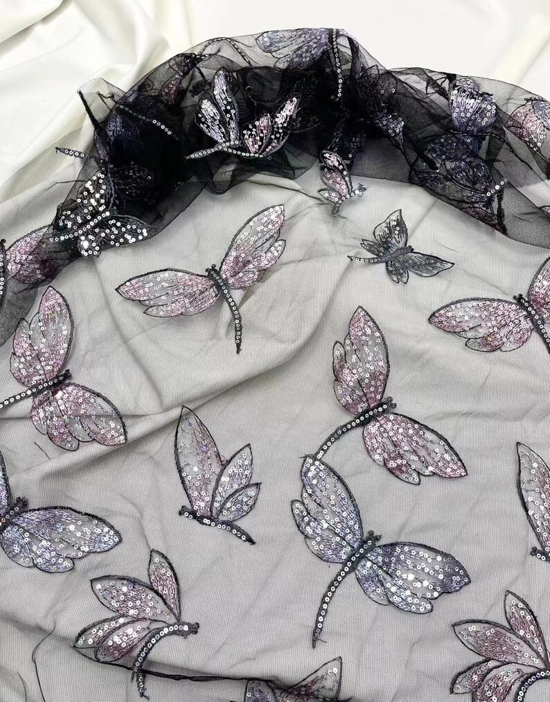 4 Colors Dragonfly Lace Fabric Sequin Tulle Lace Mesh for Girl Dress ...