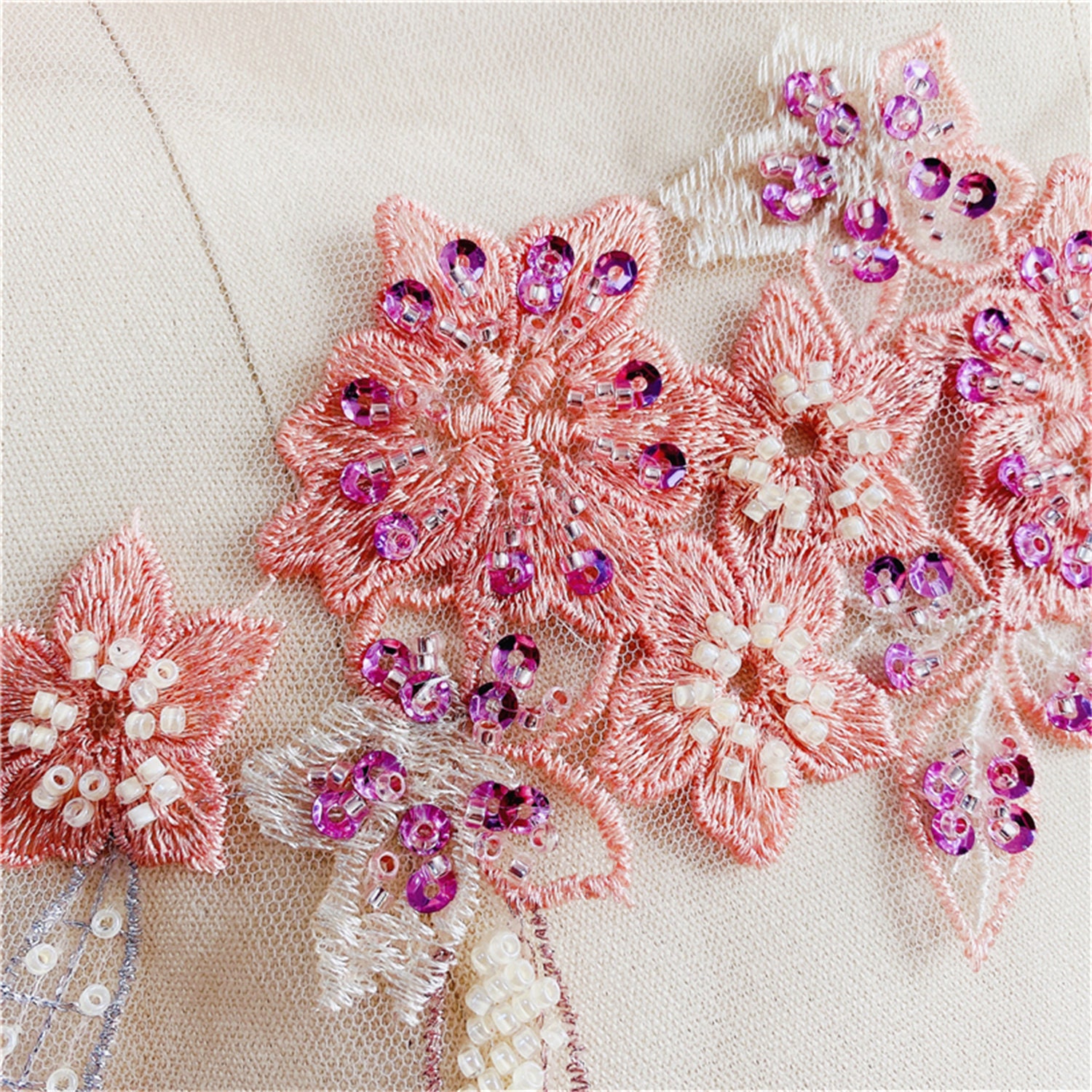 Floral Lace Applique Lace Patch With Sequin Beads for Bridal Couture ...