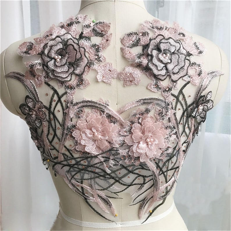 Pink Lace Applique 3D Flower Embroidery Patch With Sequin Rhinestone ...