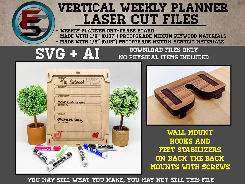 Vertical Weekly Planner SVG Ai Laser Cut Files INSTANT | Etsy