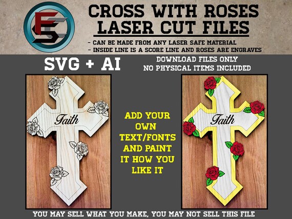 Cross With Roses SVG Ai Laser Cut Files INSTANT DOWNLOAD - Etsy