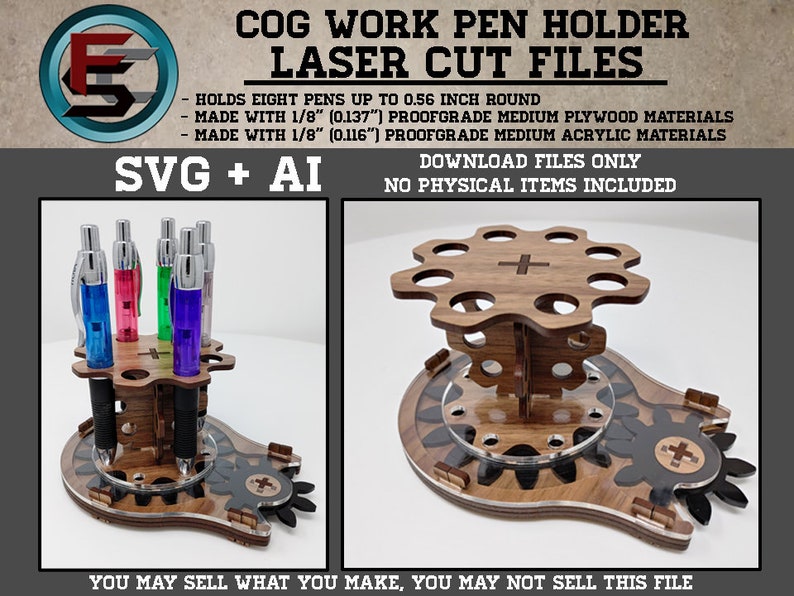 Cog Work Pen Holder SVG Ai Laser Cut Files INSTANT | Etsy