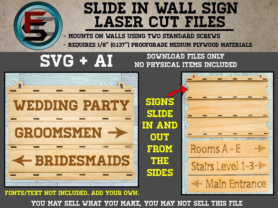 Slide in Wall Sign SVG Ai Laser Cut Files INSTANT - Etsy