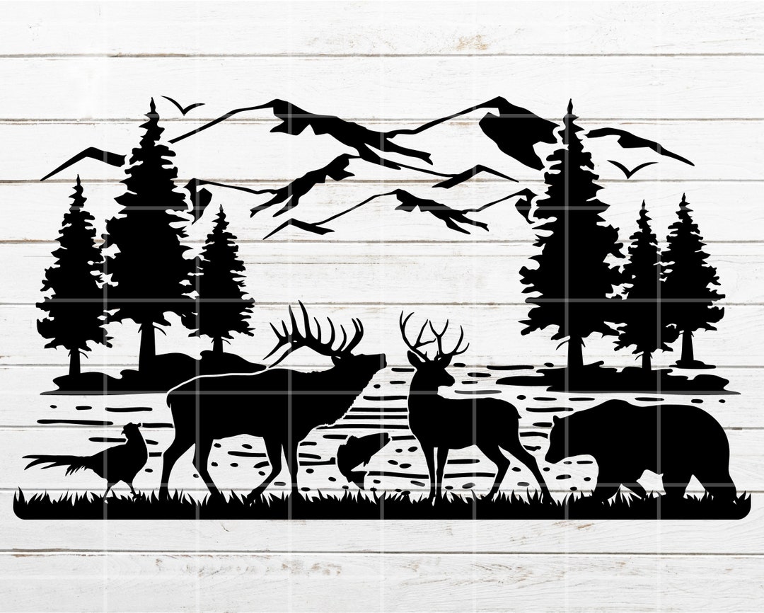 Mountain Nature Scene SVG, Hunting Elk Deer SVG, Bear, Fish, Pheasant ...