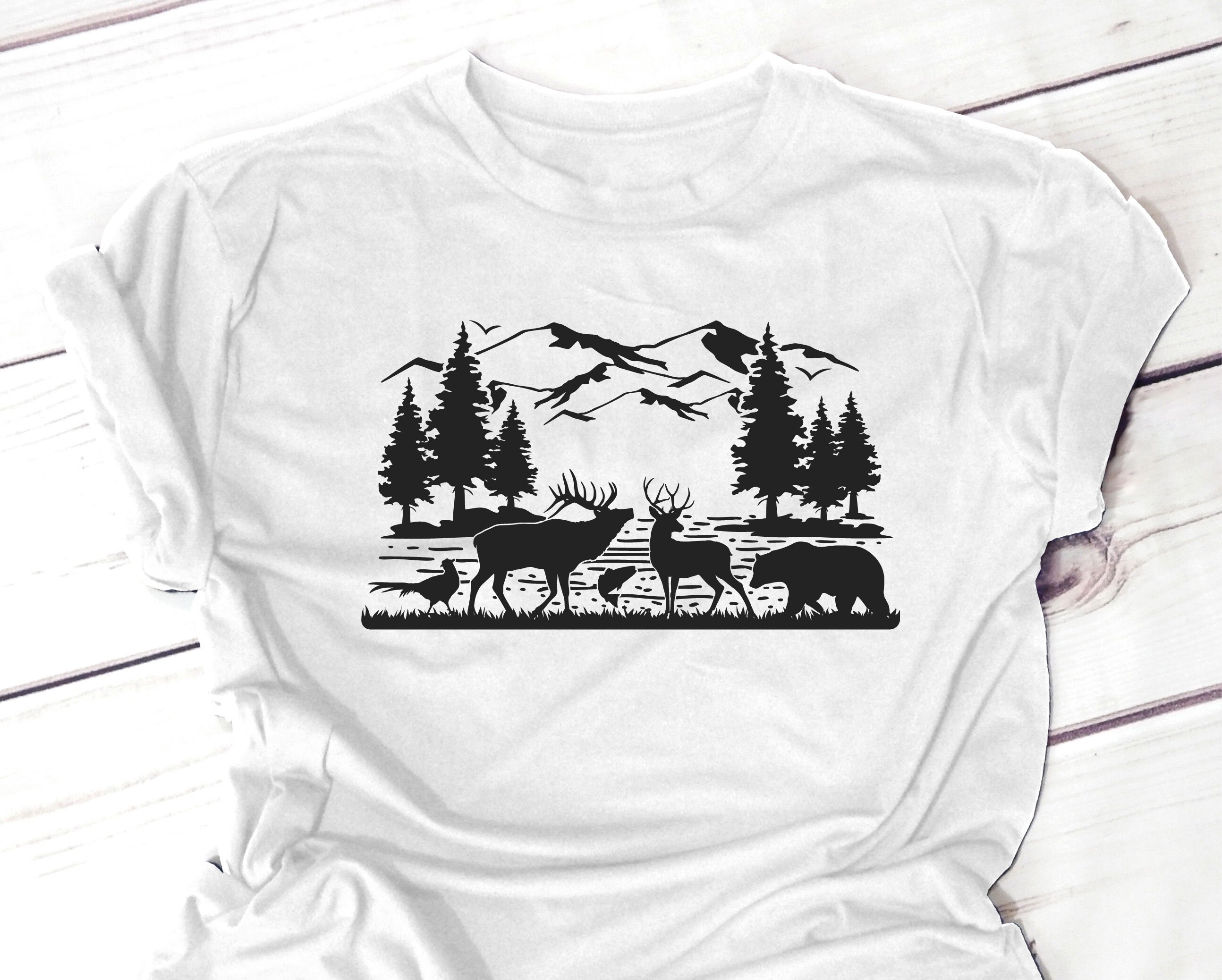 Mountain Nature Scene SVG, Hunting Elk Deer SVG, Bear, Fish, Pheasant ...