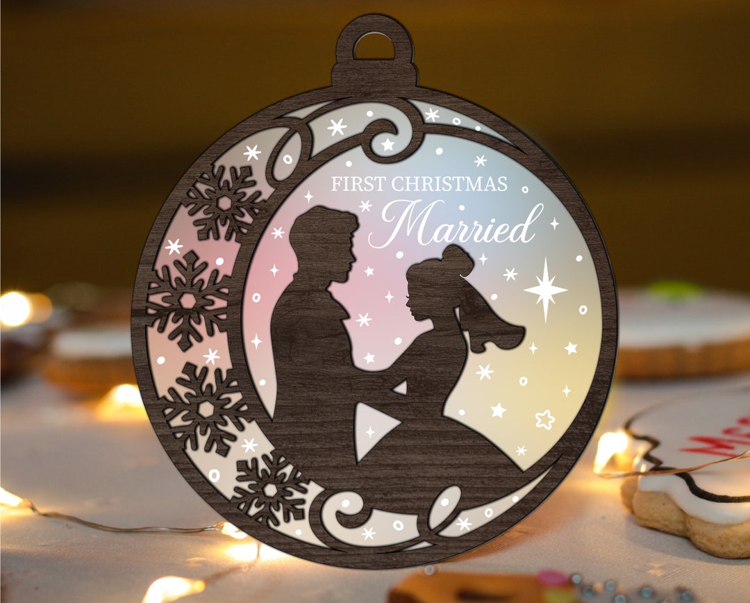 Wedding Ornament Glowforge SVG, First Christmas Married Gift Cut File ...