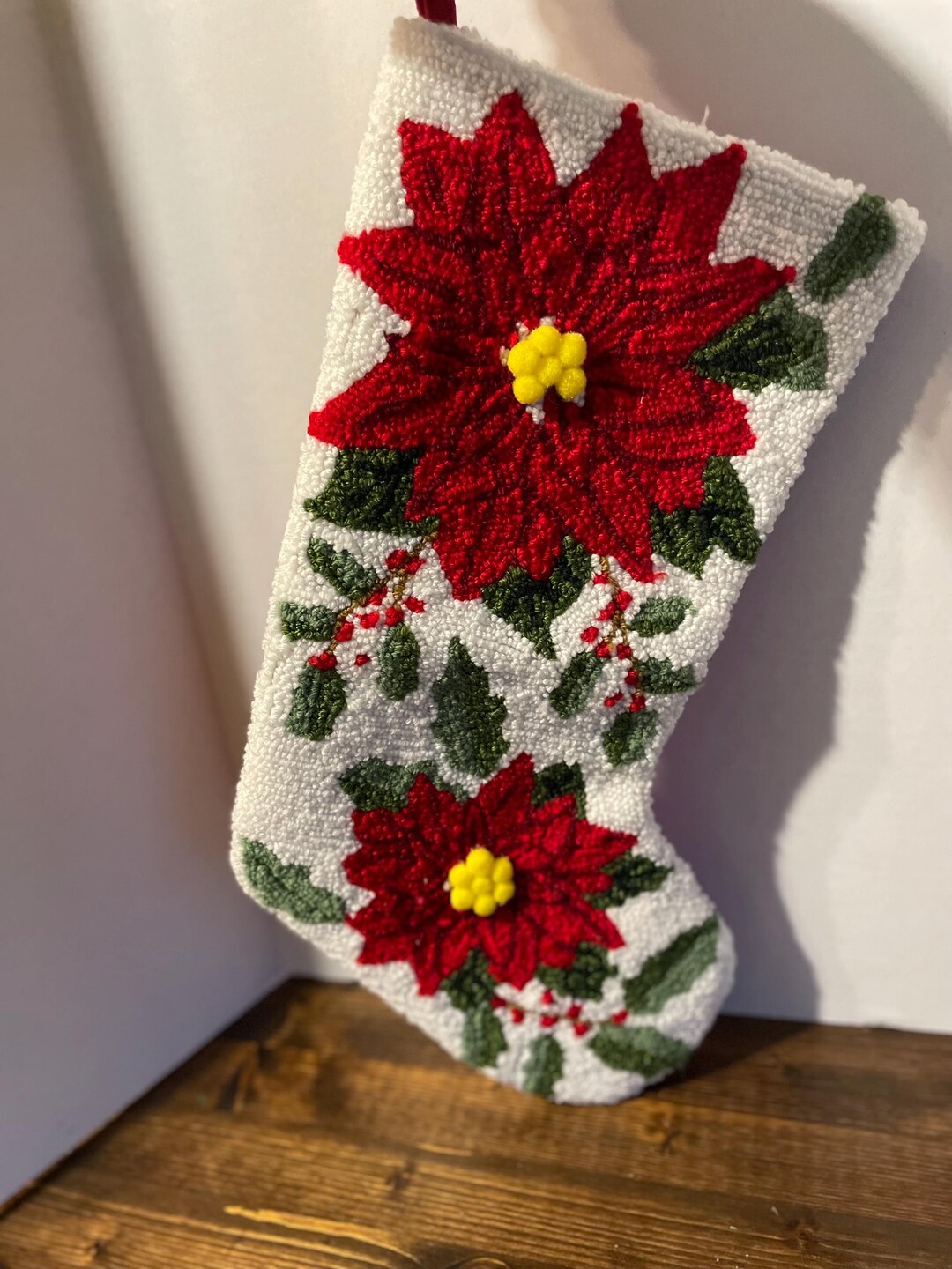 Vintage Latch Hook Poinsettia Holly Berry Christmas Stocking 18 Inches ...