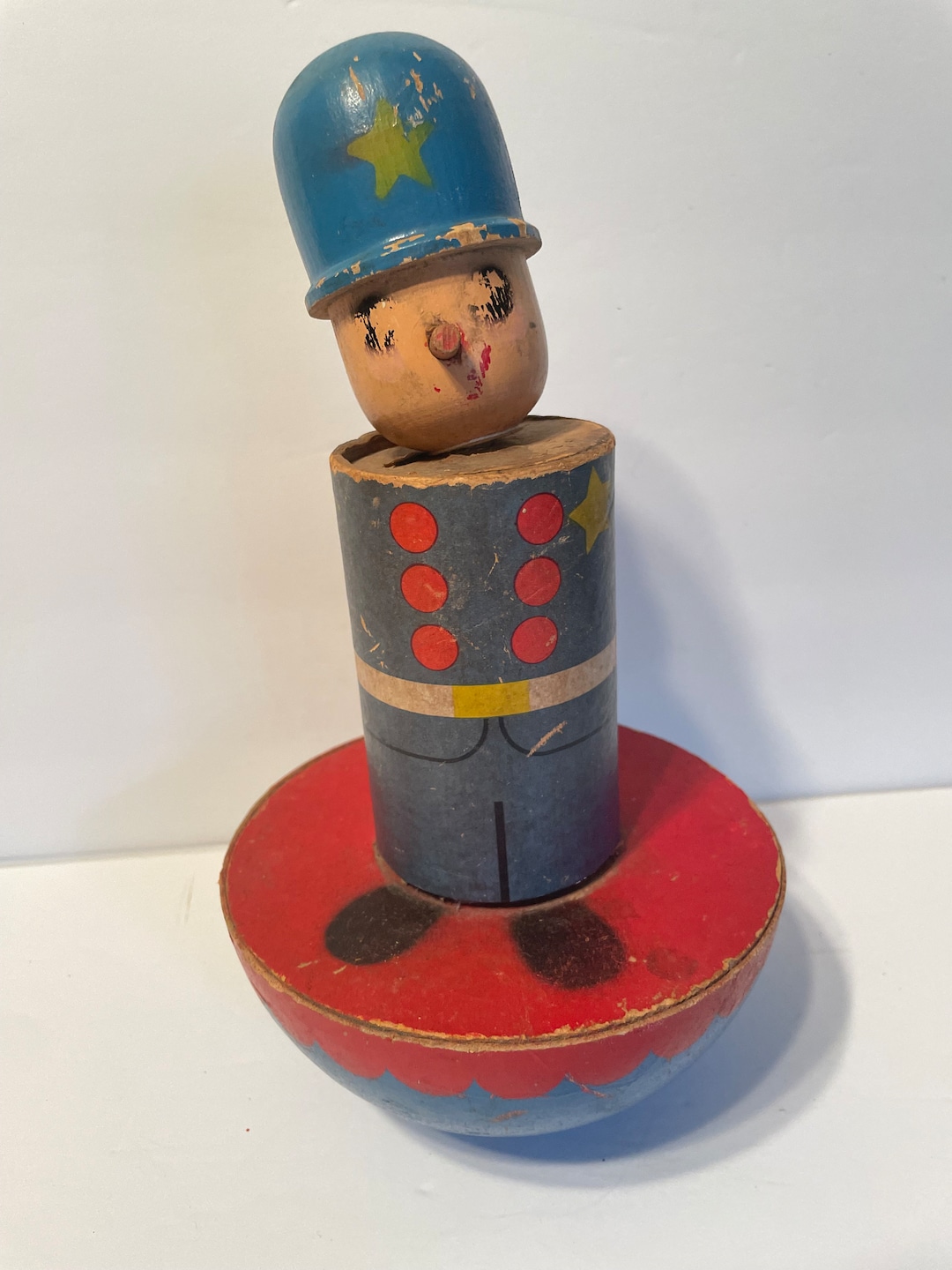 Antique Roly Poly Wooden Soldier Folk Art Handmade Wood Turned ...