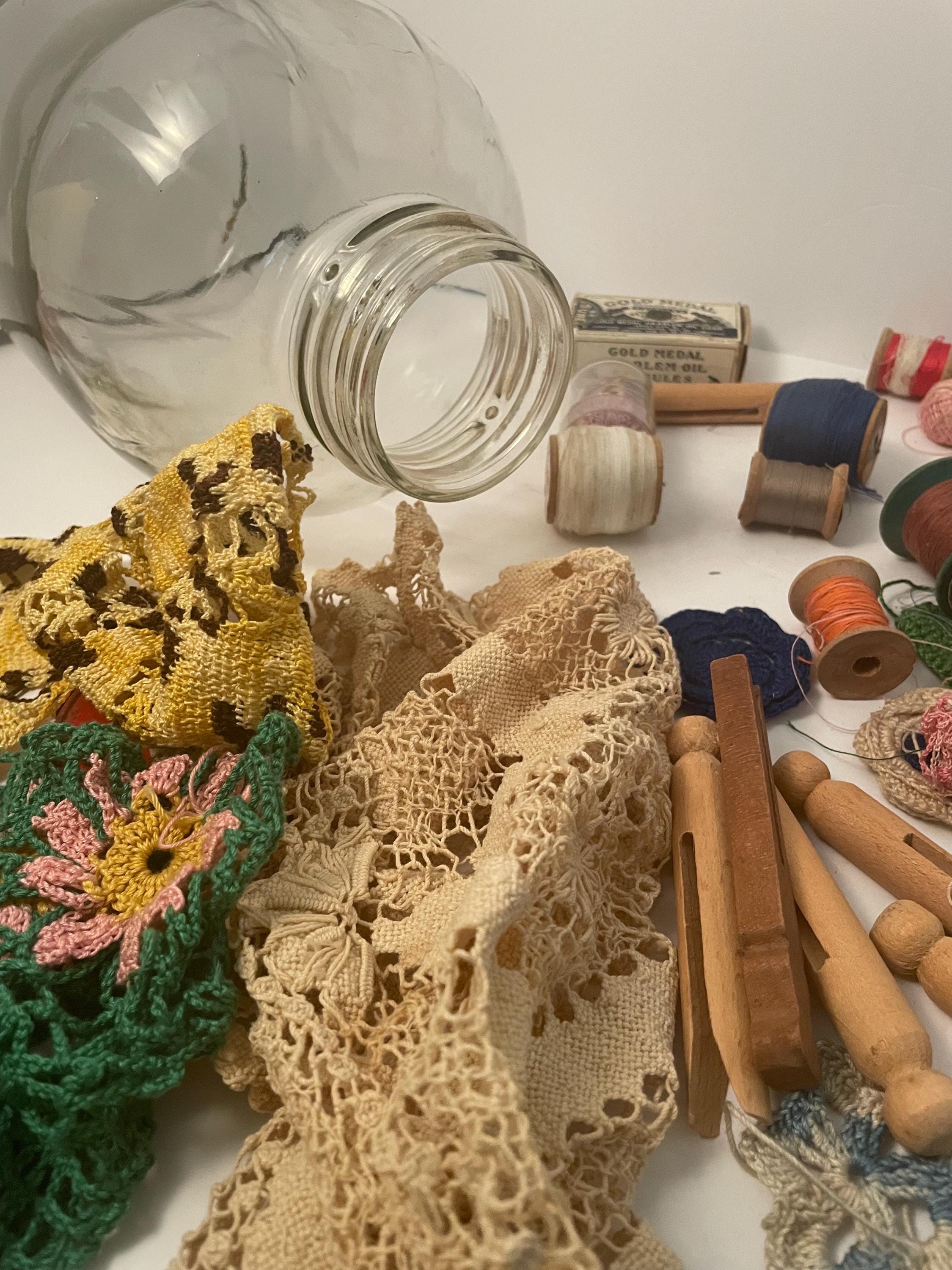 Grandmas Large Junk Jar Doilies Wood Spools Wood Clothes Pins - Etsy