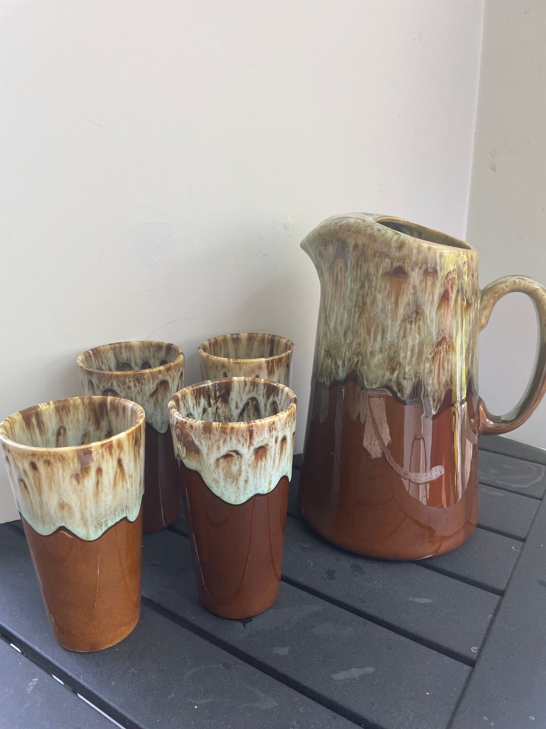 Beautiful Vintage 1980 Artisan Drip Ware Pitcher and 4 Glasses Beige ...