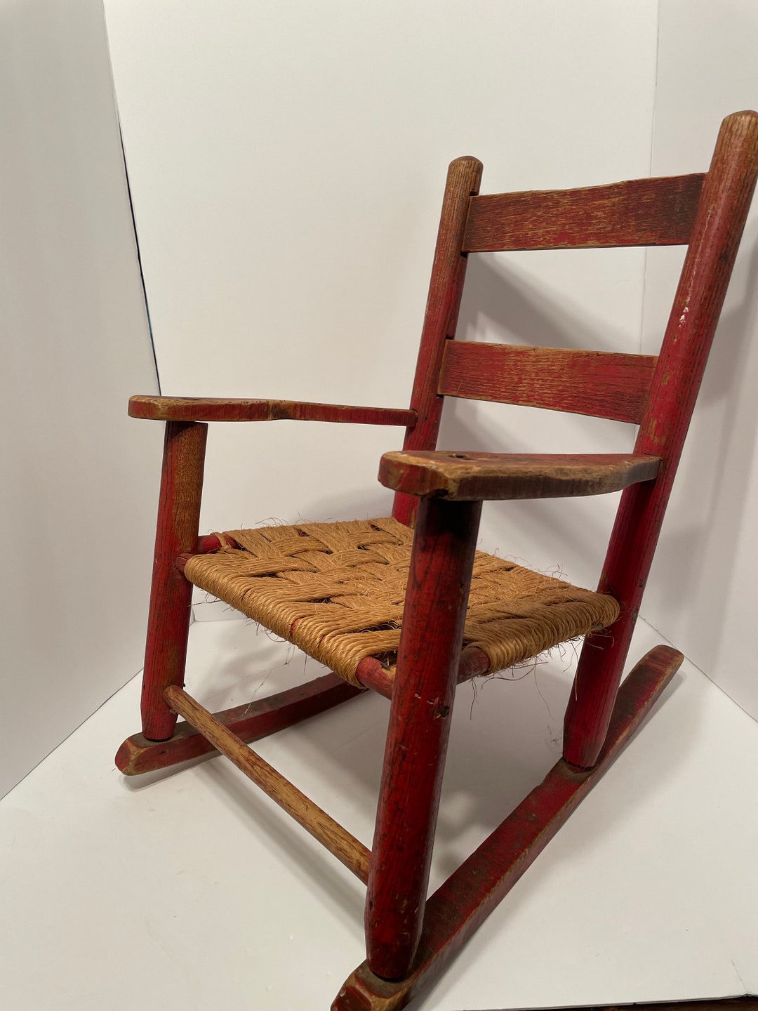 Vintage Farmhouse Red Wicker Kids Wood Rocking Chair 19" Tall and 18 ...