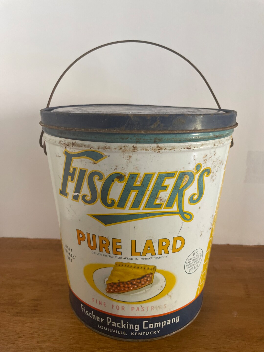 Vintage 8lb Fischers Pure Lard Tin Bucket Grandmas Kitchen Grannycore ...
