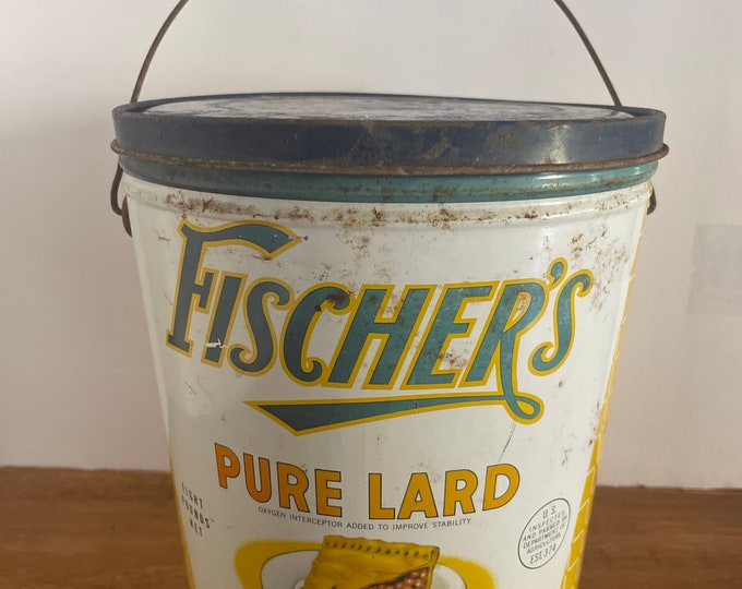 Vintage 8lb Fischers Pure Lard Tin Bucket Grandmas Kitchen Grannycore ...
