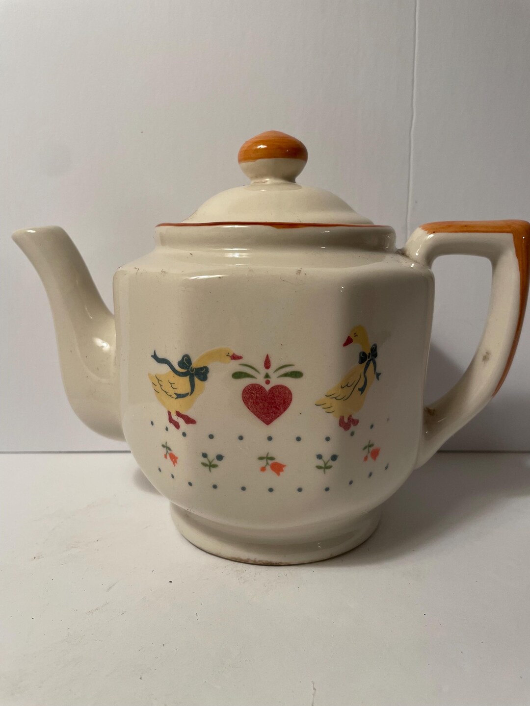 Ceramic Pottery Tea Pot Geese Bow and Hearts 1980 Cottagecore Grandmas ...